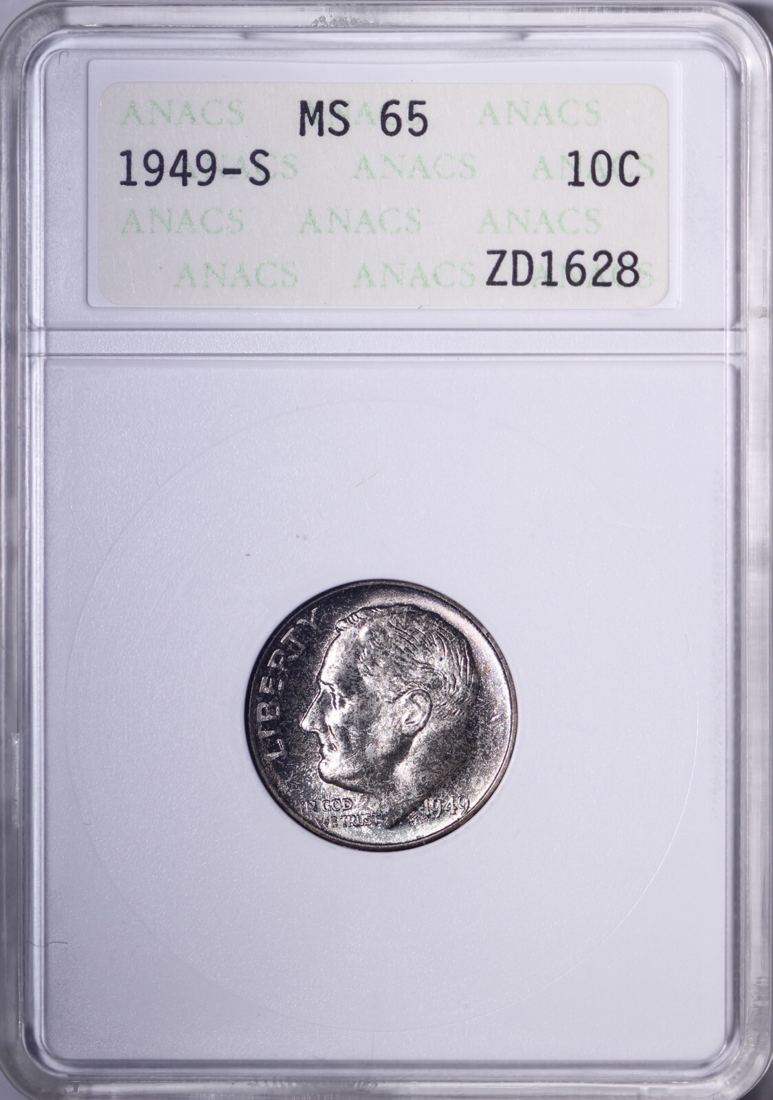 GEM BU 1949-S Roosevelt Dime ANACS MS65 Toned Key Date Soap Box Holder ...