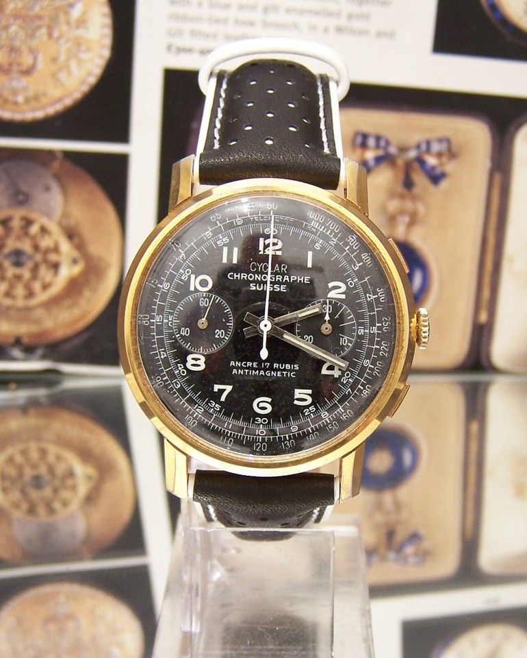 60'S LOVELY BLACK DIAL MILITARY STYLE LANDERON 48 CYCLAR CHRONOGRAPH ...