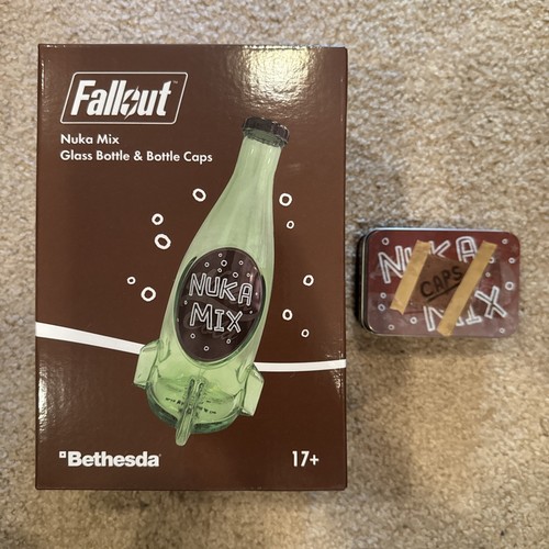 Fallout Nuka Cola Mix Glass Rocket Bottle w 10 Bottle Caps & Tin w 10 ...