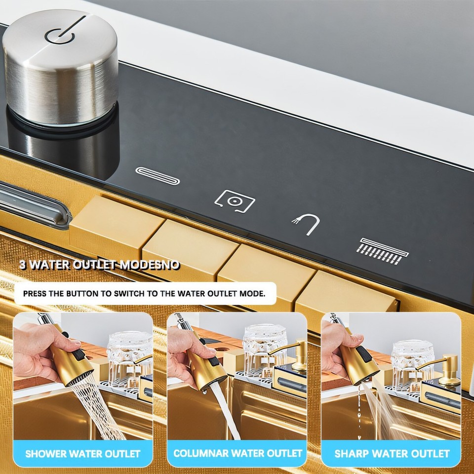 Gold Kitchen Sink Deluxe Flying Rain Waterfall Single Bowl Pull Out ...