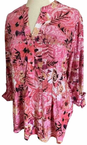 COCOMO 1X Pink Floral Studded Plus Size 3/4 sleeve women's Pintuck ...