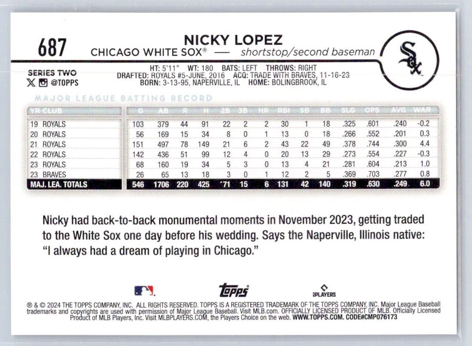 2024 Topps Series 2 Baseball - Nicky Lopez - Chicago White Sox - Base ...