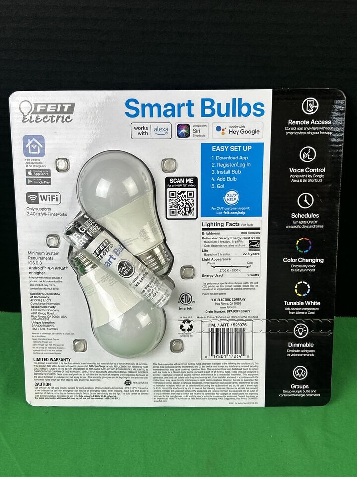 Feit Electric 2 Pack 60W Smart Wi-Fi LED Color Changing Dimmable Light ...