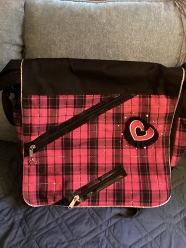 Justice pink and black plaid laptop messenger bag | eBay