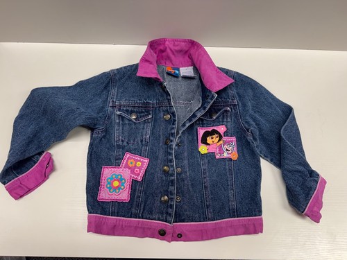 Dora the Explorer Denim Jacket Pink Trim Patches Girls Kids VINTAGE Sz ...