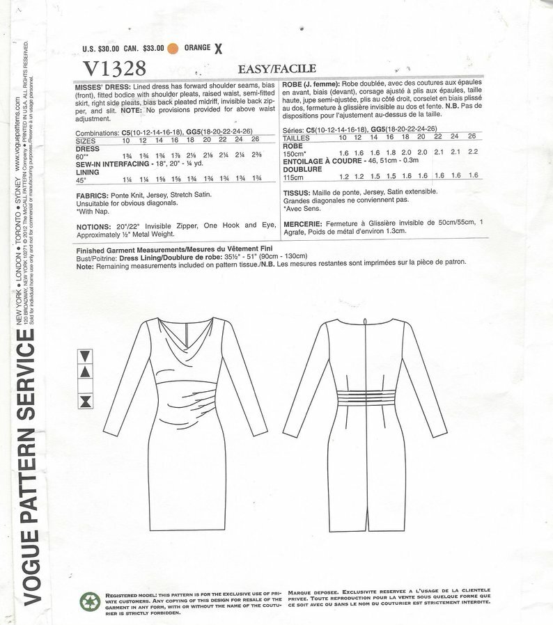 Vogue Designer Sewing Pattern, Kay Unger, 1328, Dress, Size 18 - 26 ...