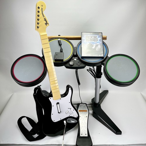 PlayStation 2 Rock Band (+ PS3) Guitar w/ Dongle, Wired Drums and Mic ...