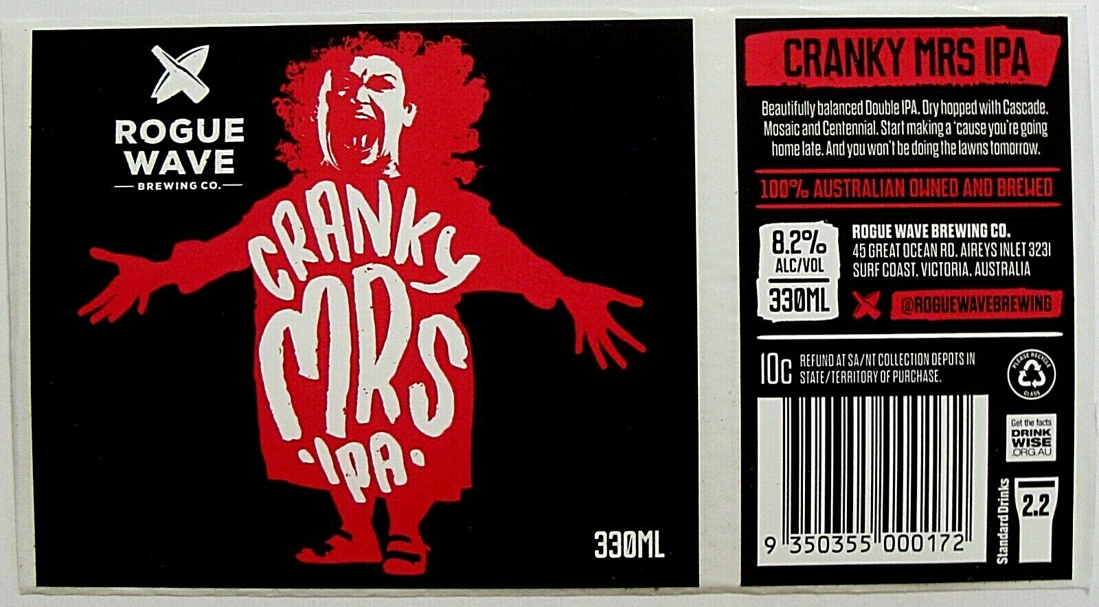 Rogue Wave Brewing CRANKY MRS IPA beer label AUSTRALIA 330ml STICKER ...