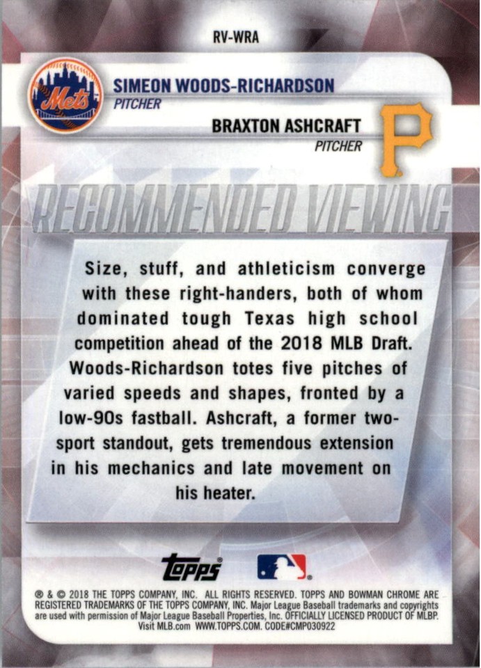 2018 Bowman Chrome Draft Recom Viewing Simeon Woods-Richardson Braxton ...