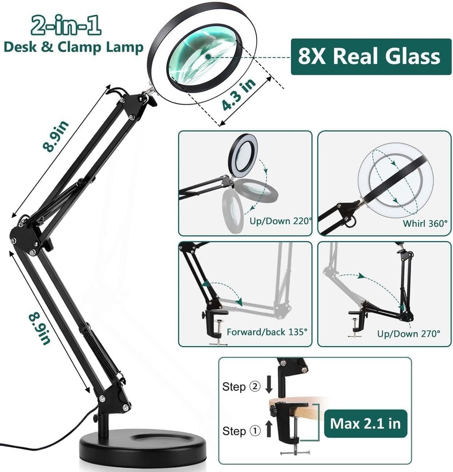 10X Magnifying Glass Desk Light Magnifier LED Lamp Reading Lamp With ...