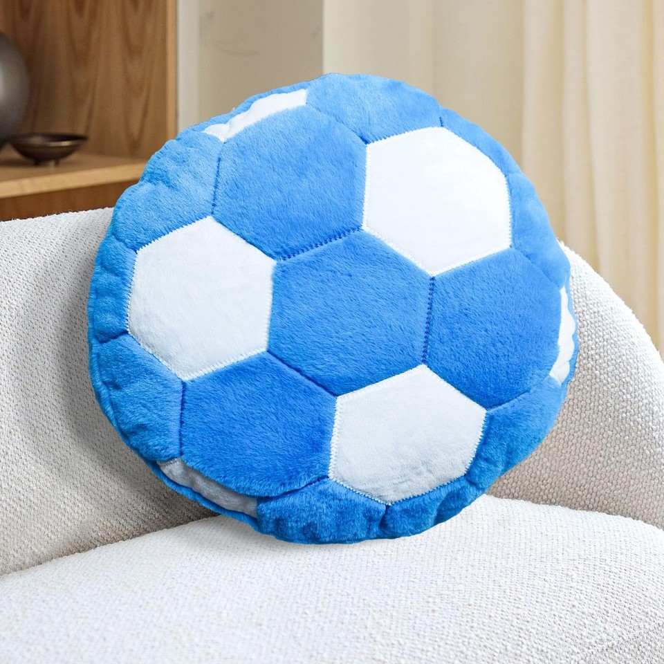 Blue Soccer Pillow Fluffy Soccer Ball Throw Pillow for Bedroom Decor ...