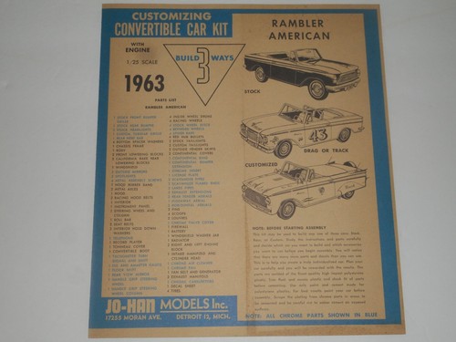 1963 JO HAN RAMBLER AMERICAN CONVERTIBLE Model 3663 Instructions Parts ...