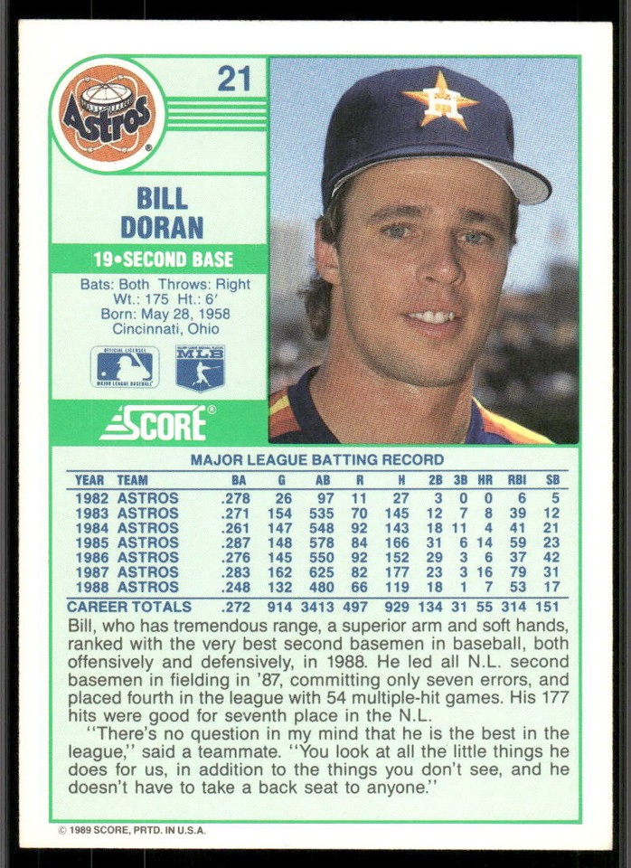 1989 Score #21 Bill Doran | eBay