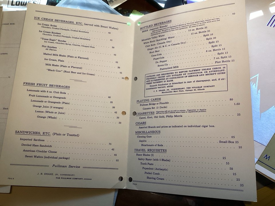 Missouri Texas Pacific Railroad Pullman Menu TEXAS EAGLE Dining Car ...