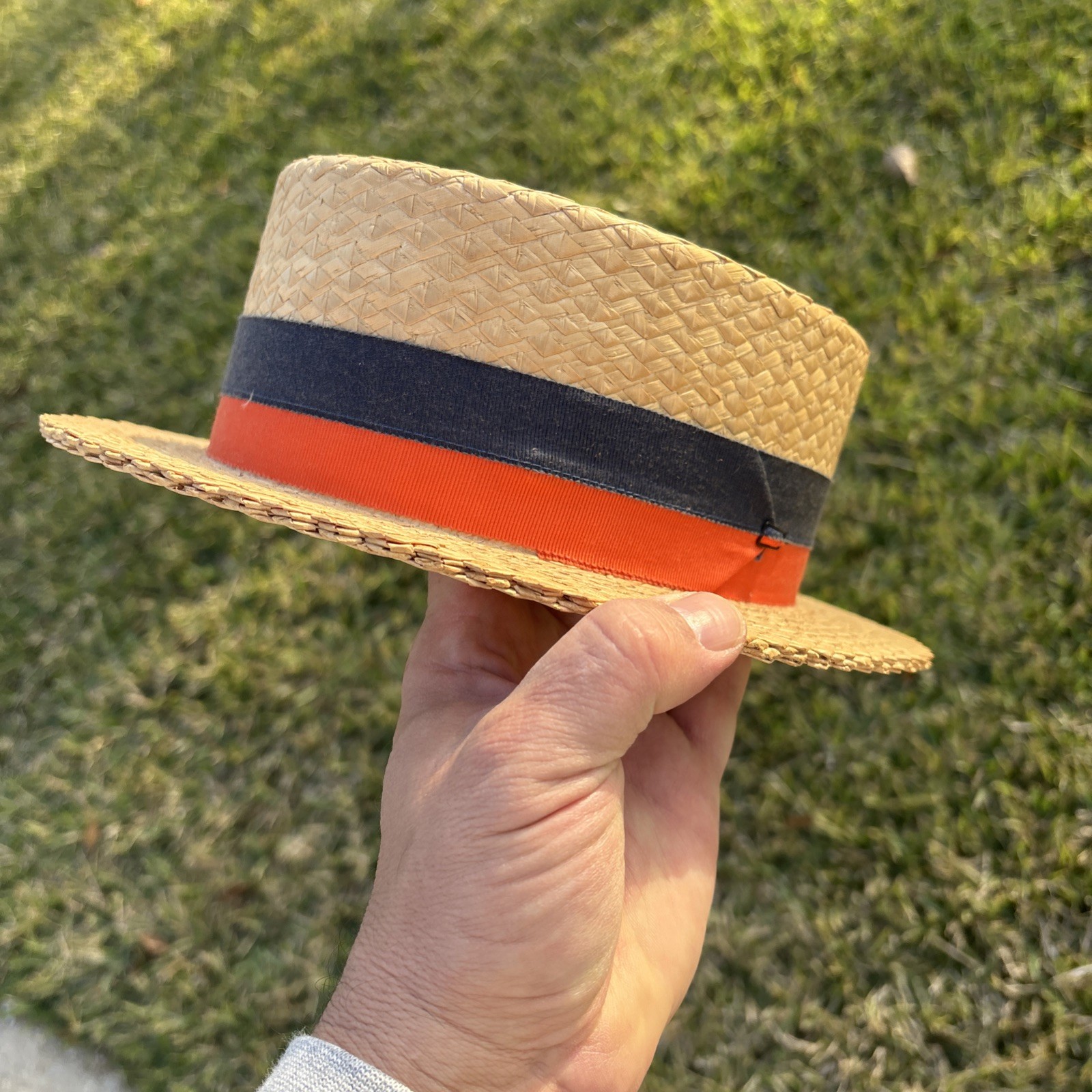 Vintage Italian Straw Boater Skimmer Hat S. 7 1/8 Grosgrain Band • Made ...