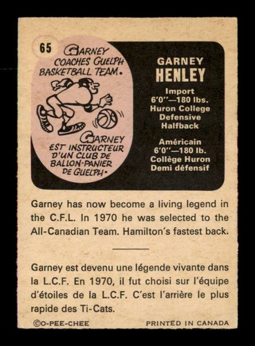 1971 O-Pee-Chee CFL #65 Garney Henley EX+ X2615308 | eBay