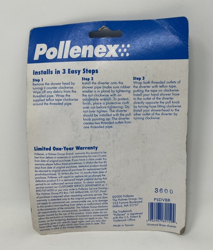 Pollenex Solid Brass Universal Shower Head Diverter New In Sealed ...