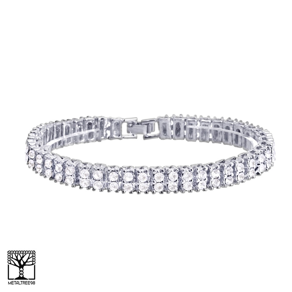 18" & 22" Double Tennis Chain & 2 Row Bracelet SET Men's Women's Silver ...