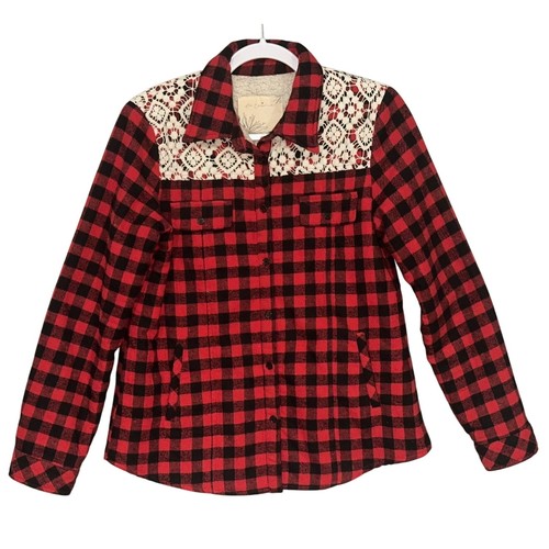 En Creme Sz M Buffalo Check Flannel Shacket Fleece Lined Crochet Lace ...