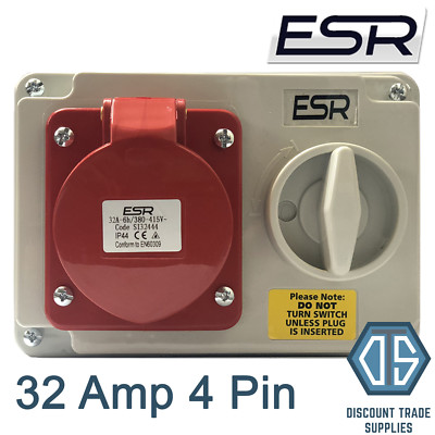 32 Amp 4 Pin Interlock Socket With Switch 3P+E Waterproof IP44 32A 415V ...