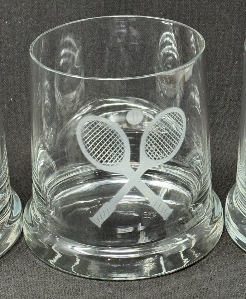 4 Vintage Whiskey Old Fashioned Cocktail Glasses Etched Tennis Racket ...