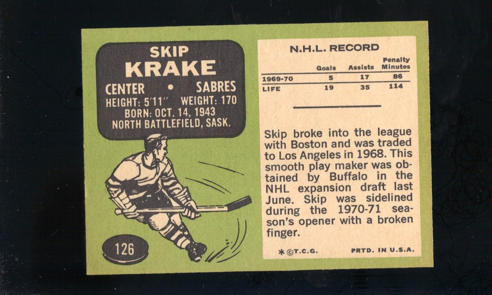 1970-71 TOPPS HOCKEY CARD SKIP KRAKE #126 NM-MT SABRES | eBay