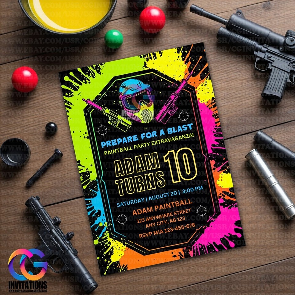 EDITIABLE Paintball birthday Party celebration Invitation, Prepare for ...