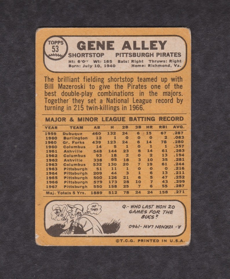 1968 Topps Baseball #53 Gene Alley Pittsburgh Pirates FAIR Vintage ...