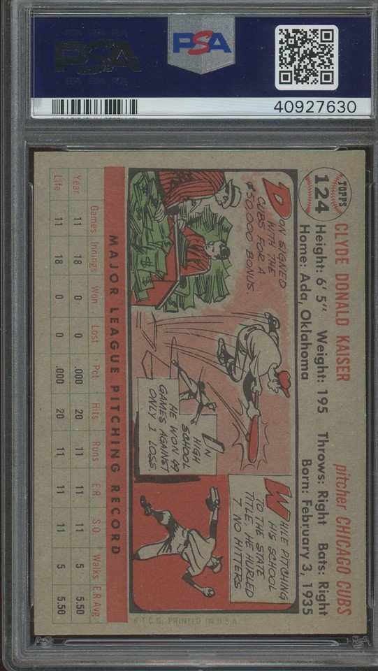 1956 Topps SETBREAK #124 Don Kaiser Chicago Cubs Gray Back PSA 8 NM-MT ...