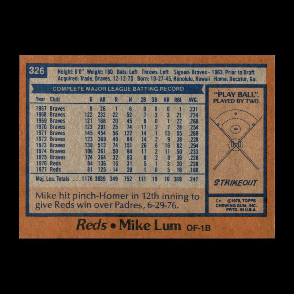 Mike Lum 1978 Topps Set Break Great Condition! Cincinnati Reds #326 | eBay