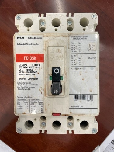 Eaton Breaker, Molded Case, 60A, 3P, 600V, 250 VDC, 35 kAIC, Type FD | eBay