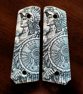 1911 custom engraved imitation ivory scrimshaw grips Aztec Warrior ...