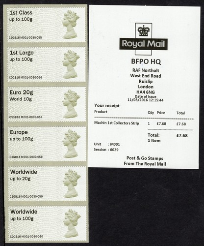 Post & Go M001 2016 BFPO HQ MACHIN Collectors Strip NORTHOLT No ...