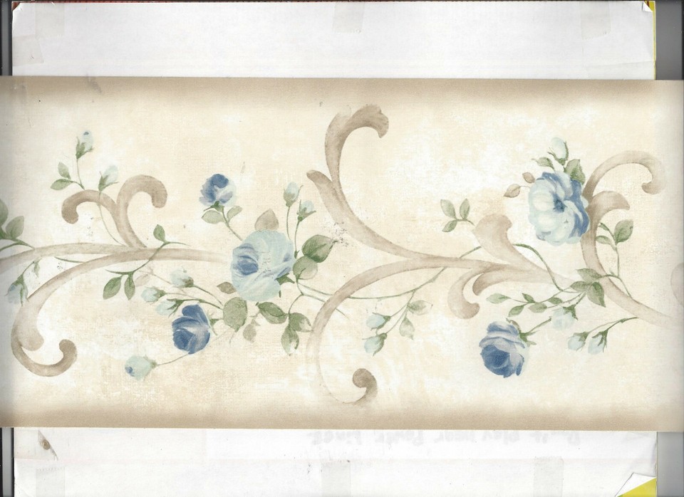 * WALLPAPER BORDER PRETTY BLUE FLOWERS ON SCROLL NEW ARRIVE FLORAL BED ...