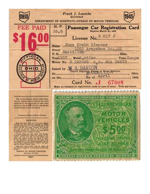 WWII Era 1945 OHIO Passenger Car Registration Card & $5.00 Motor ...