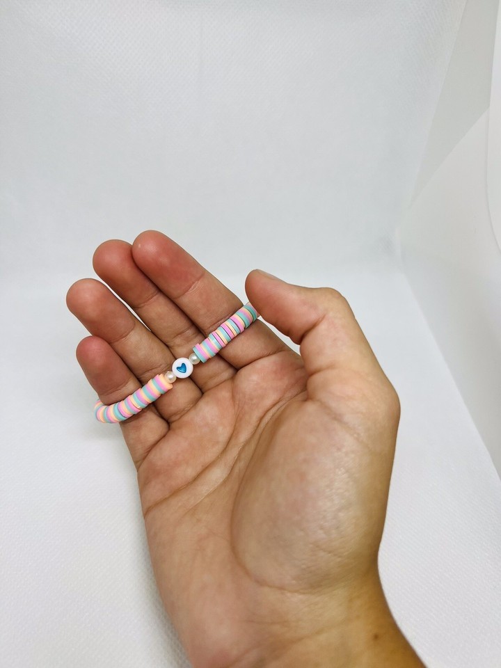 Clay Bead Bracelet! Pastel Neon Clay Beads With Pearls And Blue Heart ...
