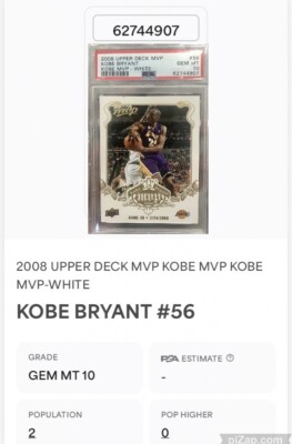 2008 UD MVP KOBE BRYANT KOBE MVP # 56 WHITE LAKERS PSA10 GM POP 2 ...