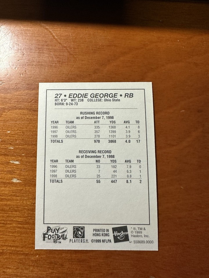 Eddie George 1999 Starting Lineup Classic Doubles Card - Tennessee ...