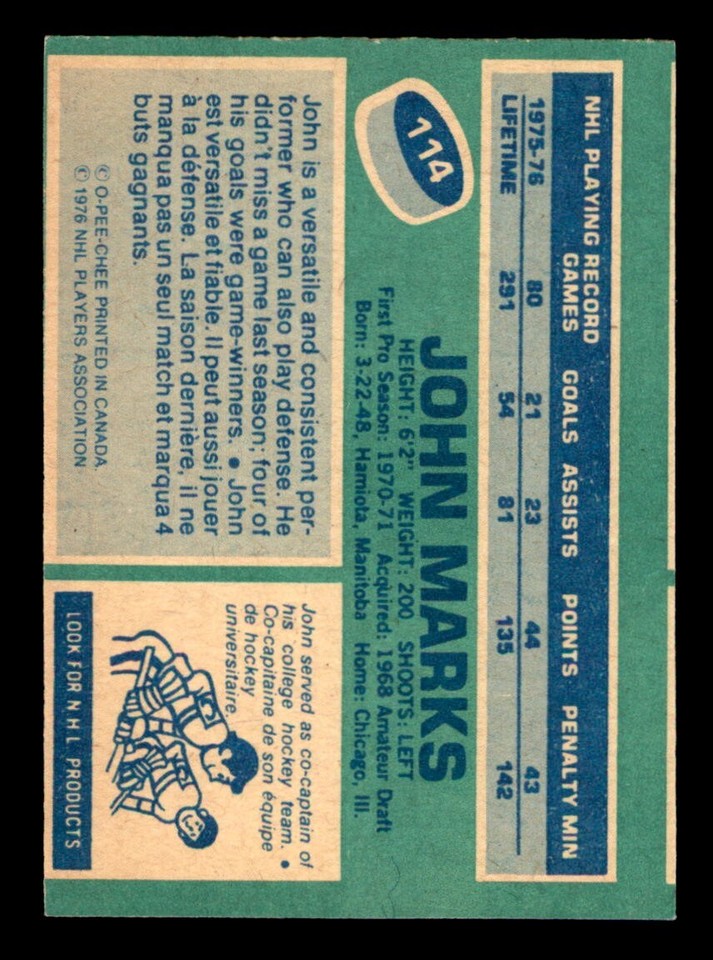 1976 OPC O-Pee-Chee Hockey #114 John Marks EX | eBay