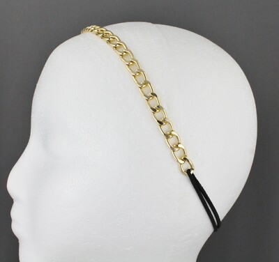 Gold tone chain link stretch elastic headband 5/16" wide lightweight ...