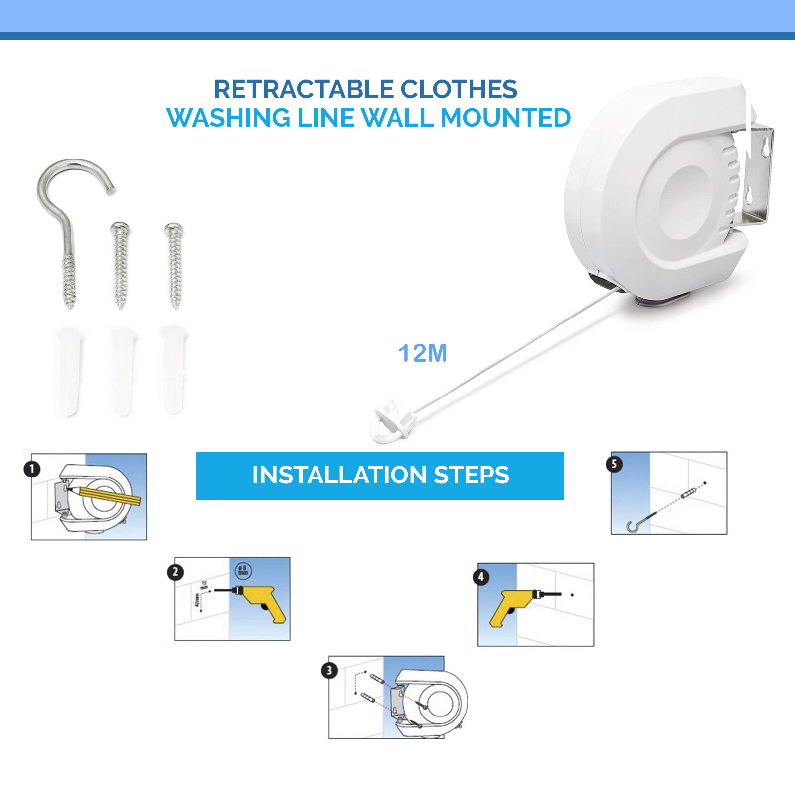 Retractable Washing Line Wall Mounted Clothes Line Reel Rope 12/26/30M ...
