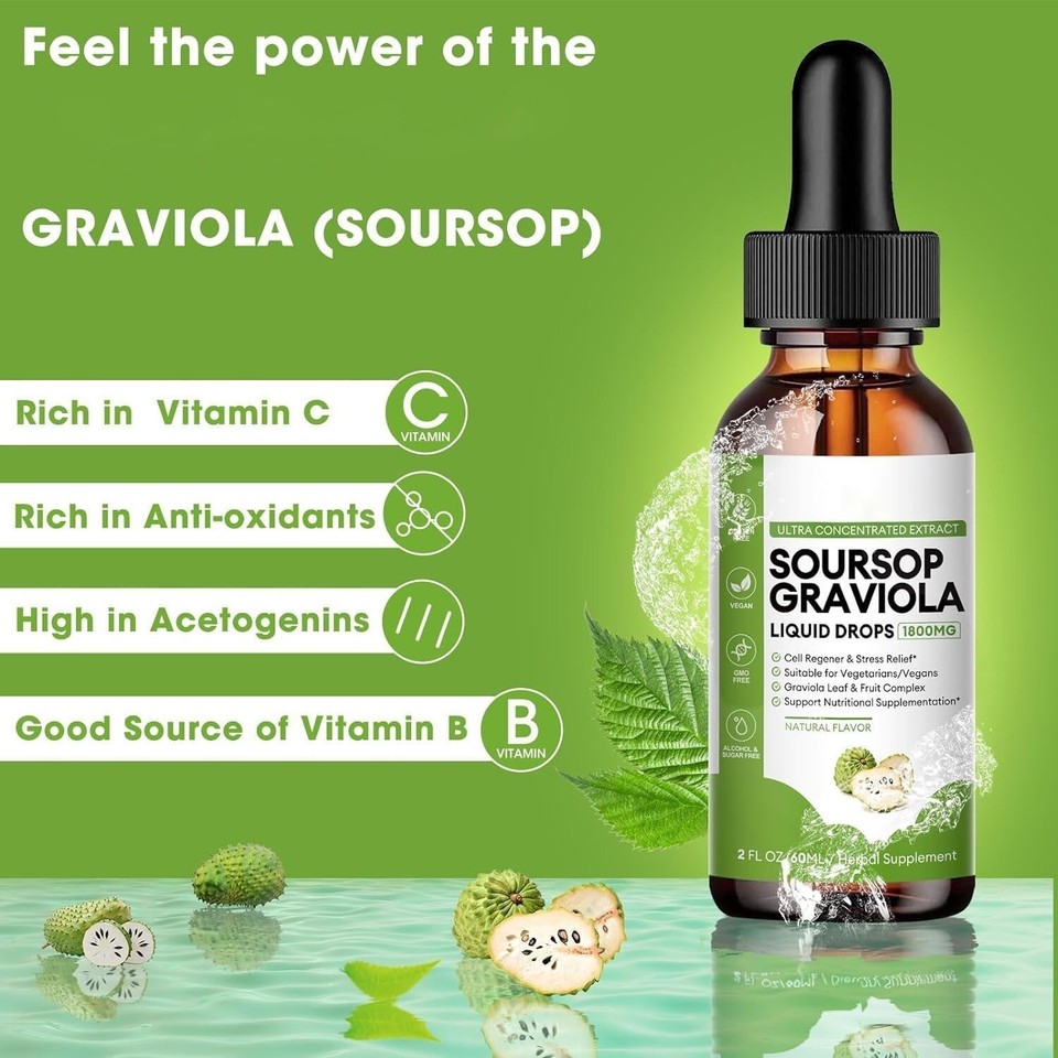 Pure Graviola Soursop Liquid Drops 1800mg Fruit Leaf Herbal Extract ...