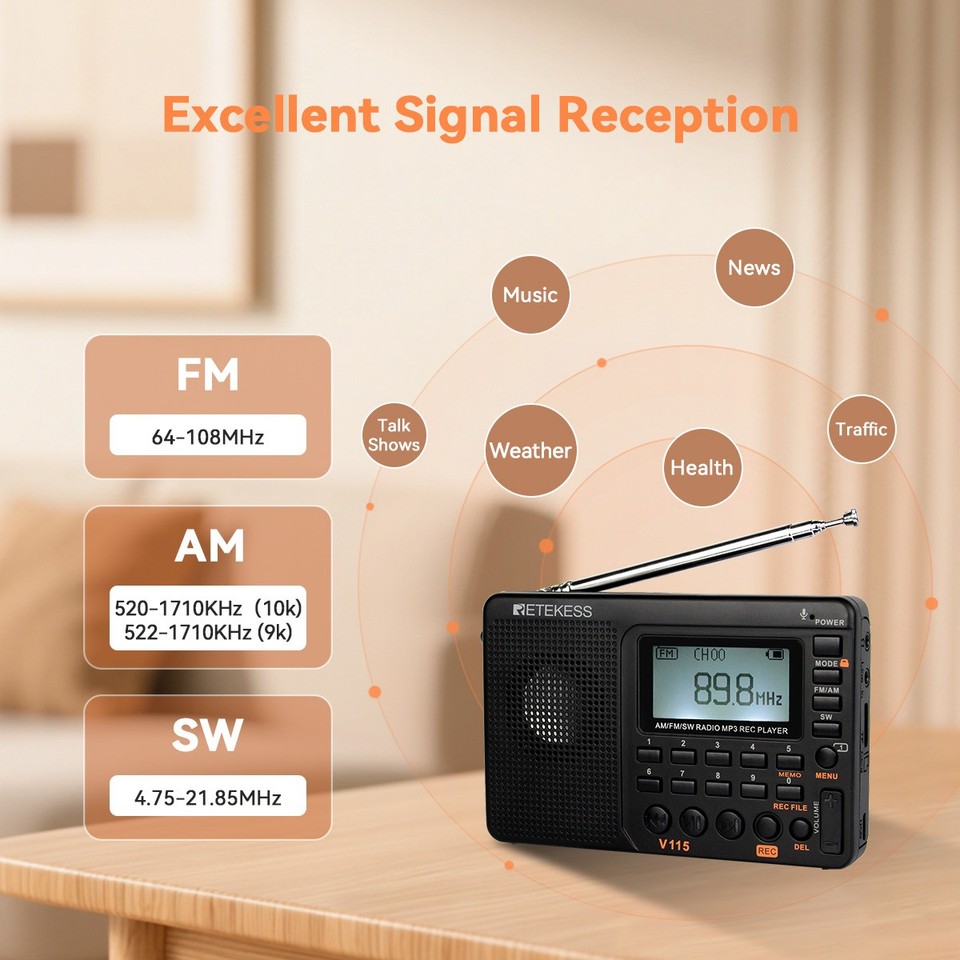 V115P Shortwave Radio Portable AM FM WB Radio TF/AUX Recordable For ...