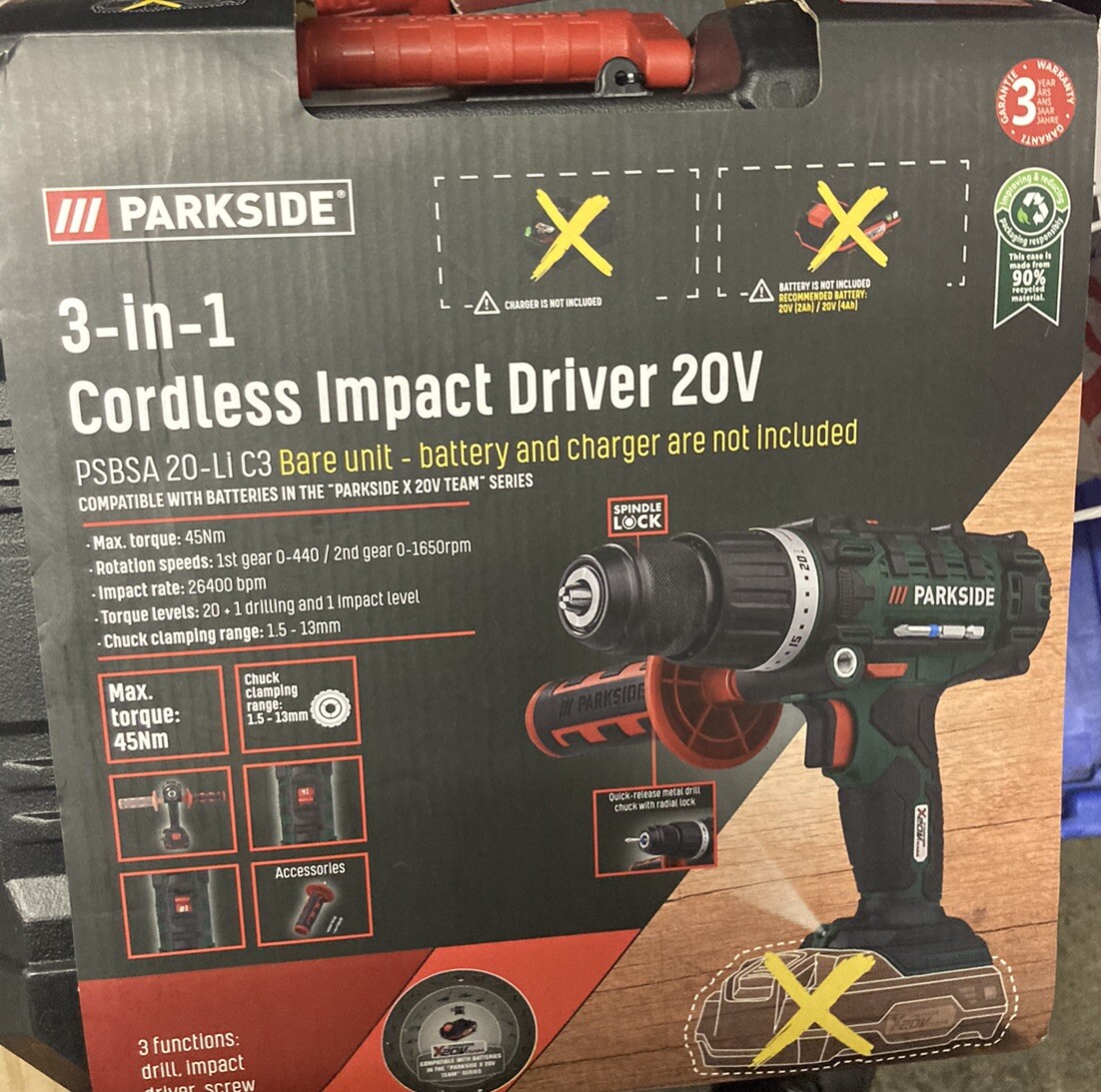 Parkside 3-in-1 Cordless 20V Hammer Drill Impact PSBSA 20-Li C3 for ...