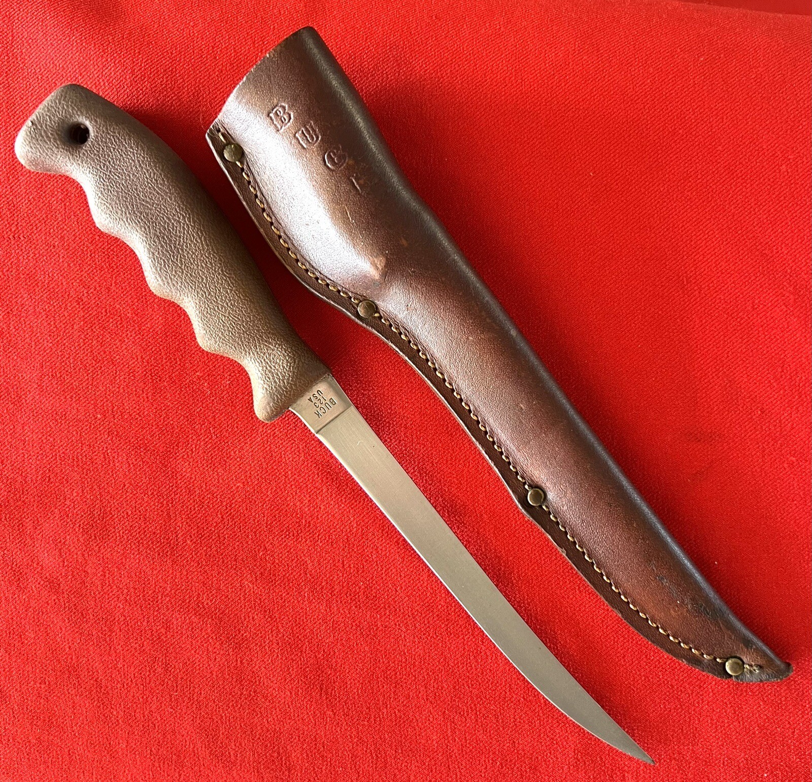 BUCK 123 Fillet Knife Leather Sheath 11" long 6.5” Blade Rubber Handle ...