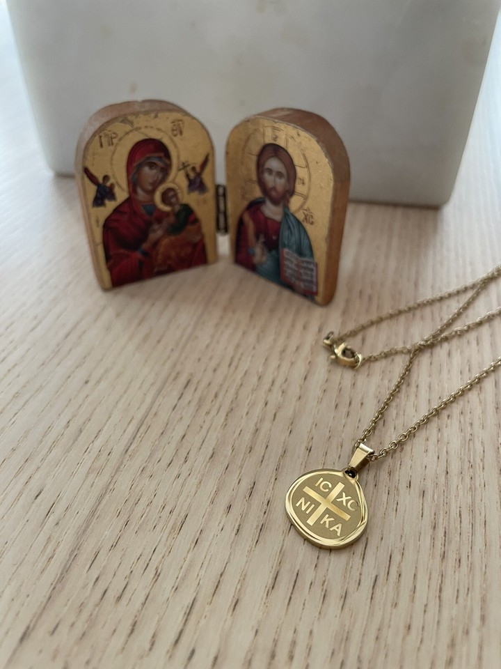 18K Gold Plated Stainless Steel IC XC NI KA Orthodox Greek Cross Coin ...