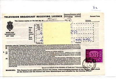 GB FISCALS -32- TELEVISION LICENCE WITH STAMP - £18 - pmk ORFORD ...