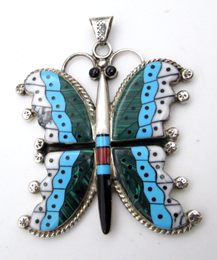 Sterling Silver Turquoise malachite Mabel WATSON Zuni Butterfly pendant ...