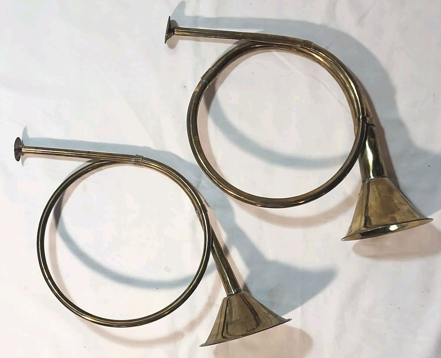 2 Vintage Round Brass Horn Bugle Christmas Decor Mancave Fox Hunt