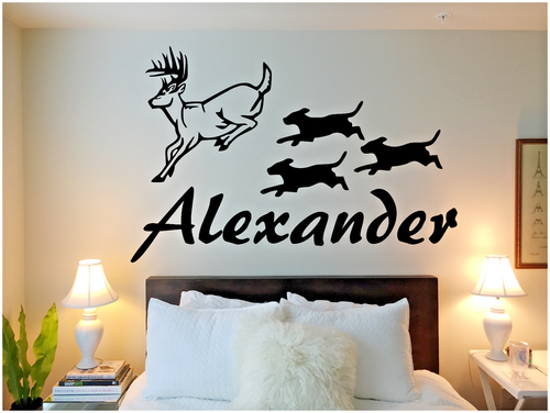 HUNTING DOGS CHASING BUCK DEER 22" WIDE PERSONALIZED VINYL WALL DECAL W ...
